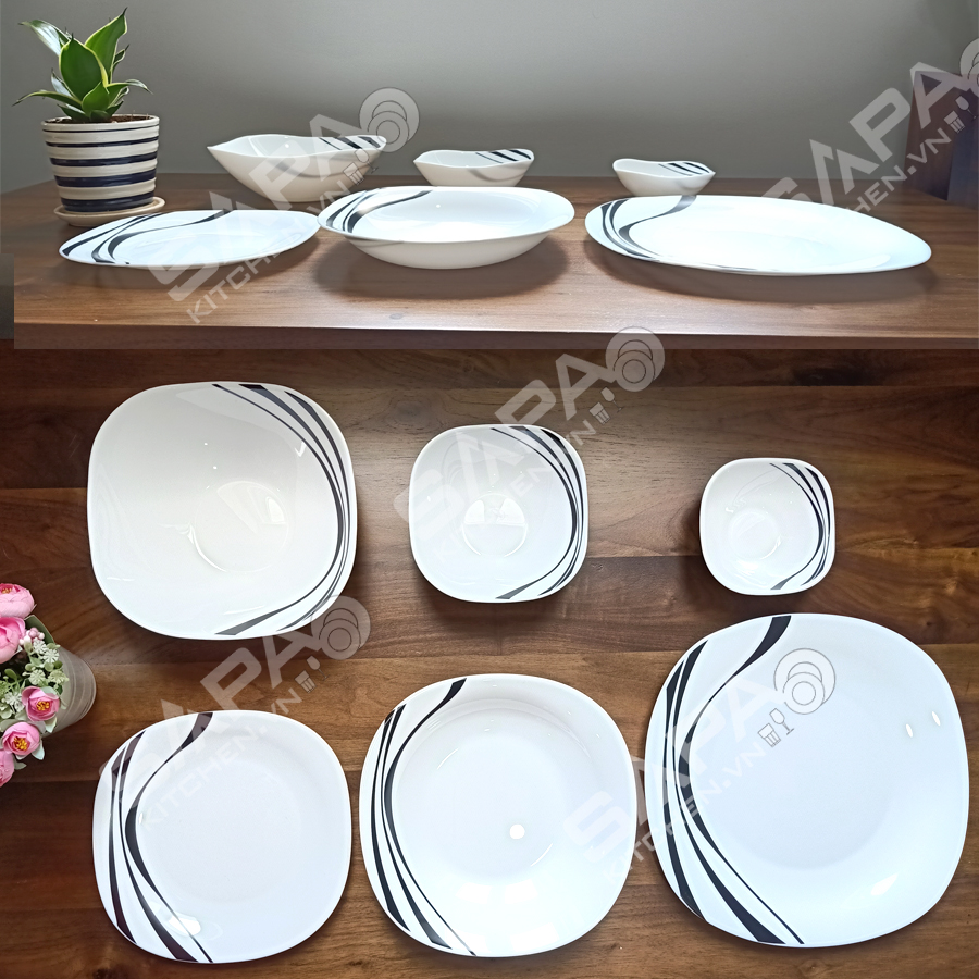 Bộ chén đĩa thủy tinh vuông Diva Ivory M.N 14 món (La Opala) | Sapakitchen